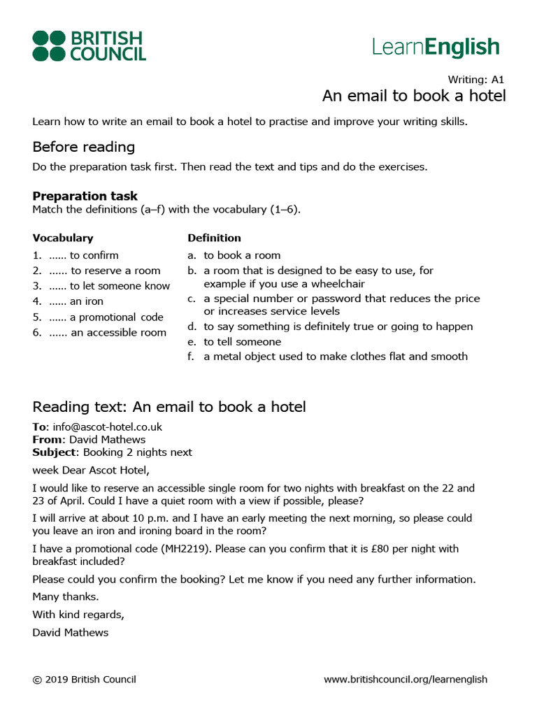3A1 An Email To Book A Hotel | PDF
