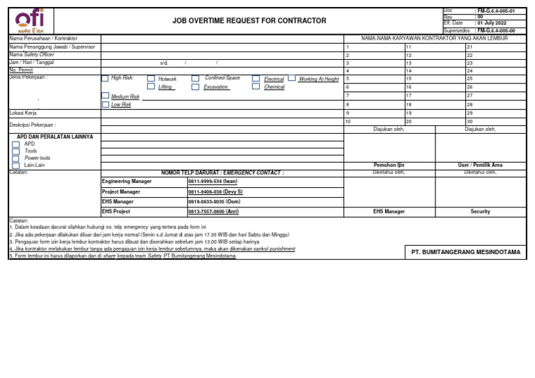 FM-G.6.4-005-01 Job Overtime Request For Contractor Baru | PDF