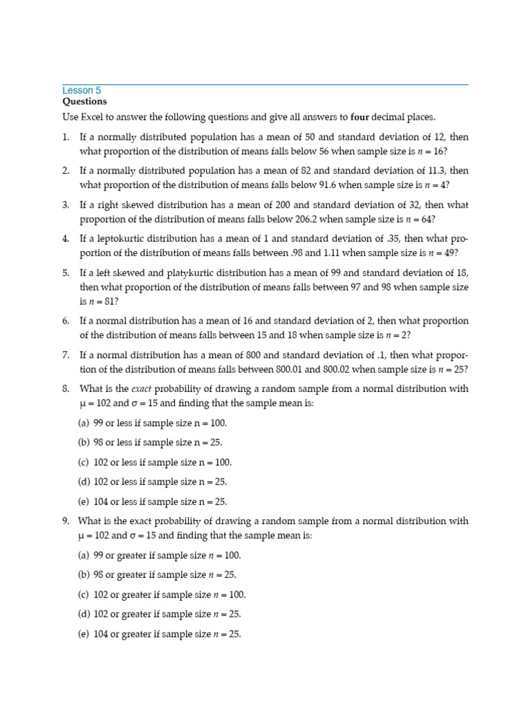 PSYC315 Lesson5 Excel Problems | PDF | Sample Size Determination | Normal Distribution