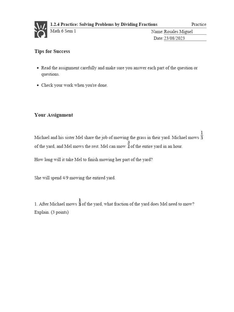 1.2.4 Practice - Solving Problems by Dividing Fractions (Practice) | PDF