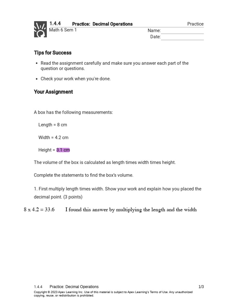 1.4.4 Practice - Decimal Operations (Practice) | PDF | Volume | Length