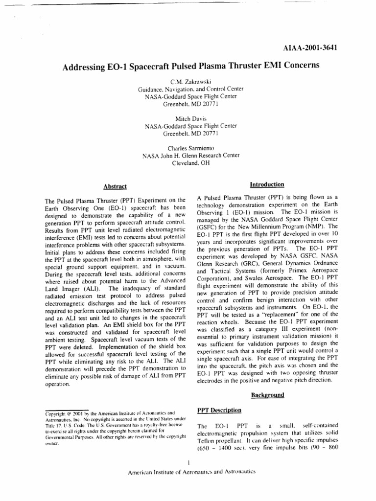 Addressing EO-1 Spacecraft Pulsed Plasma Thruster EMI: AIAA-2001-3641 | PDF | Goddard Space ...