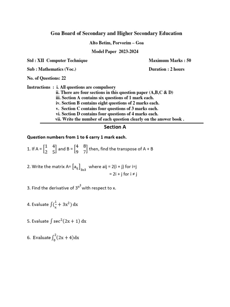 STD XII Model Question Paper 2023-24 | PDF | Mathematical Analysis | Applied Mathematics