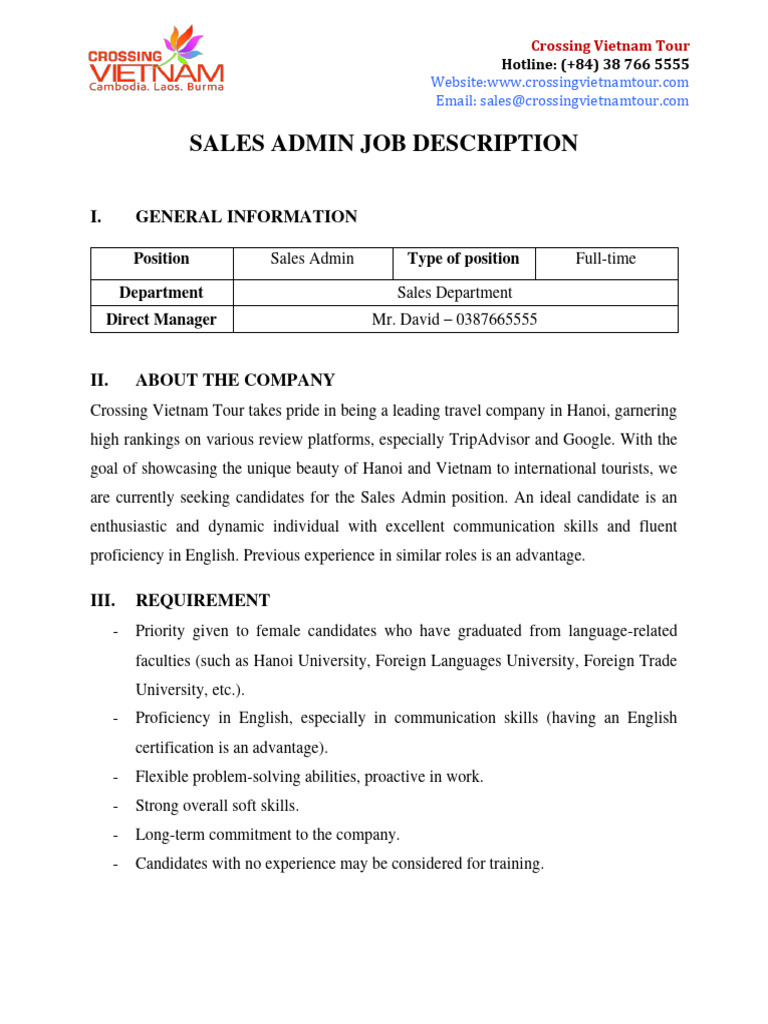 Sales Admin Job Description | PDF