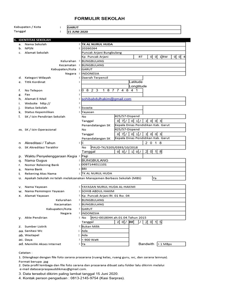 FORMULIR DATA SEKOLAH TK Nurul Huda | PDF