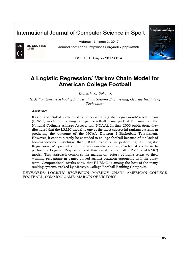 Logistic Regression Markov American Football SOKOL | PDF | College Football | Ncaa Division I