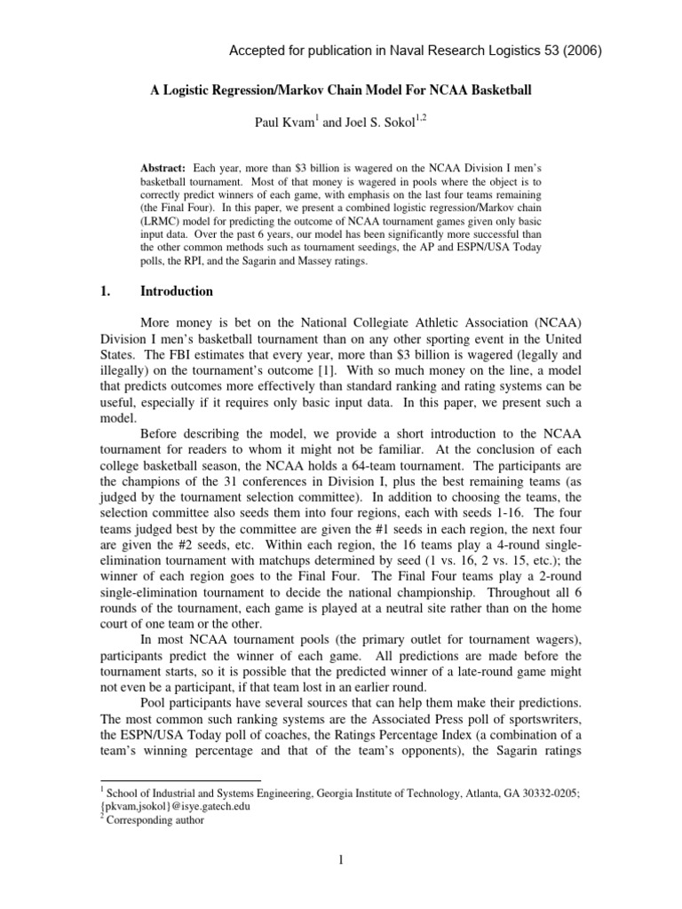 A Logistic Regression/Markov Chain Model For NCAA Basketball | PDF ...
