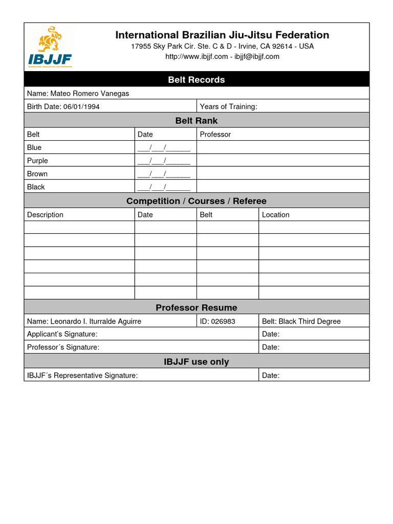 IBJJF Belt Records for Mateo Romero | PDF | Sports & Recreation