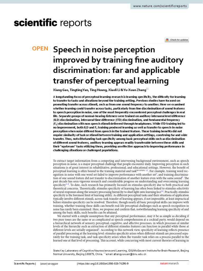Speech in Noise Perception Improved by Training Fine Auditory Discrimination Far and Applicable ...
