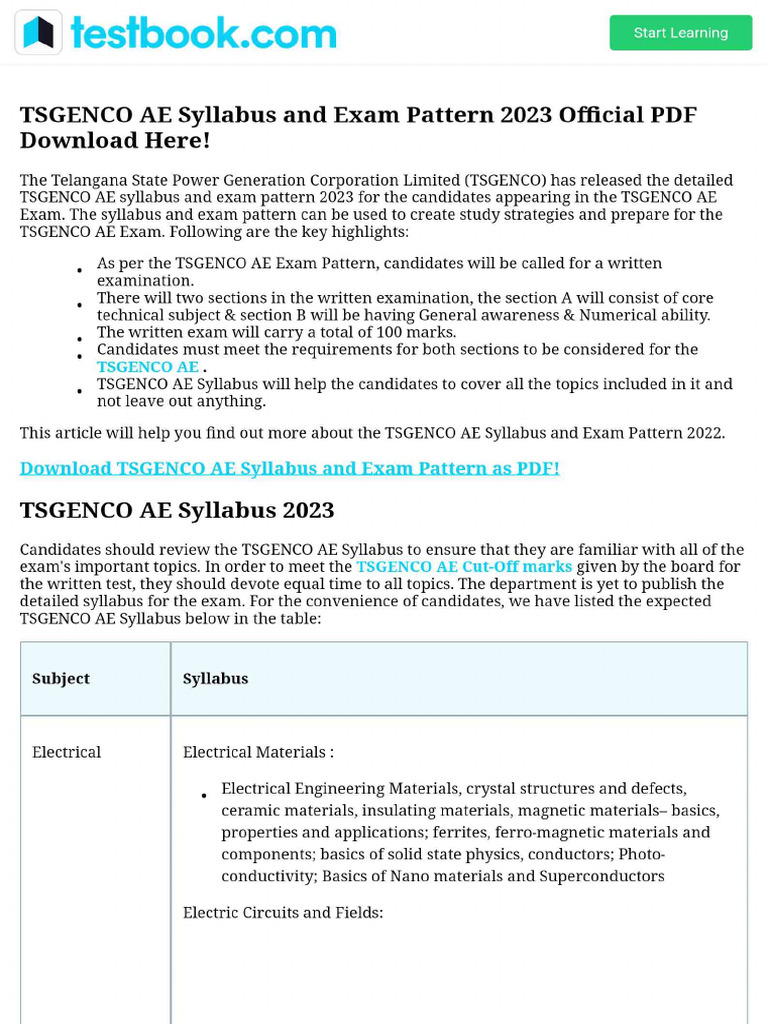 TSGENCO AE Syllabus and Exam Pattern 2023 Official PDF Download Here! | PDF TSGENCO AE Syllabus and Exam Pattern 2023 Official PDF Download Here! | PDF