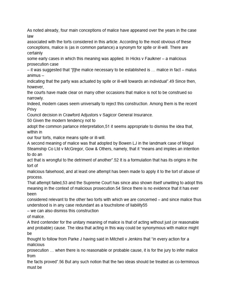 Conceptions Of Malice Pdf Tort Malice Law