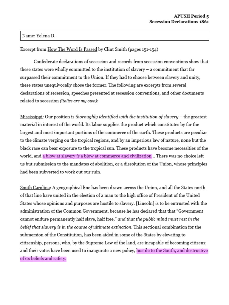 1861 Secession Declarations Analysis | PDF | Confederate States Of ...
