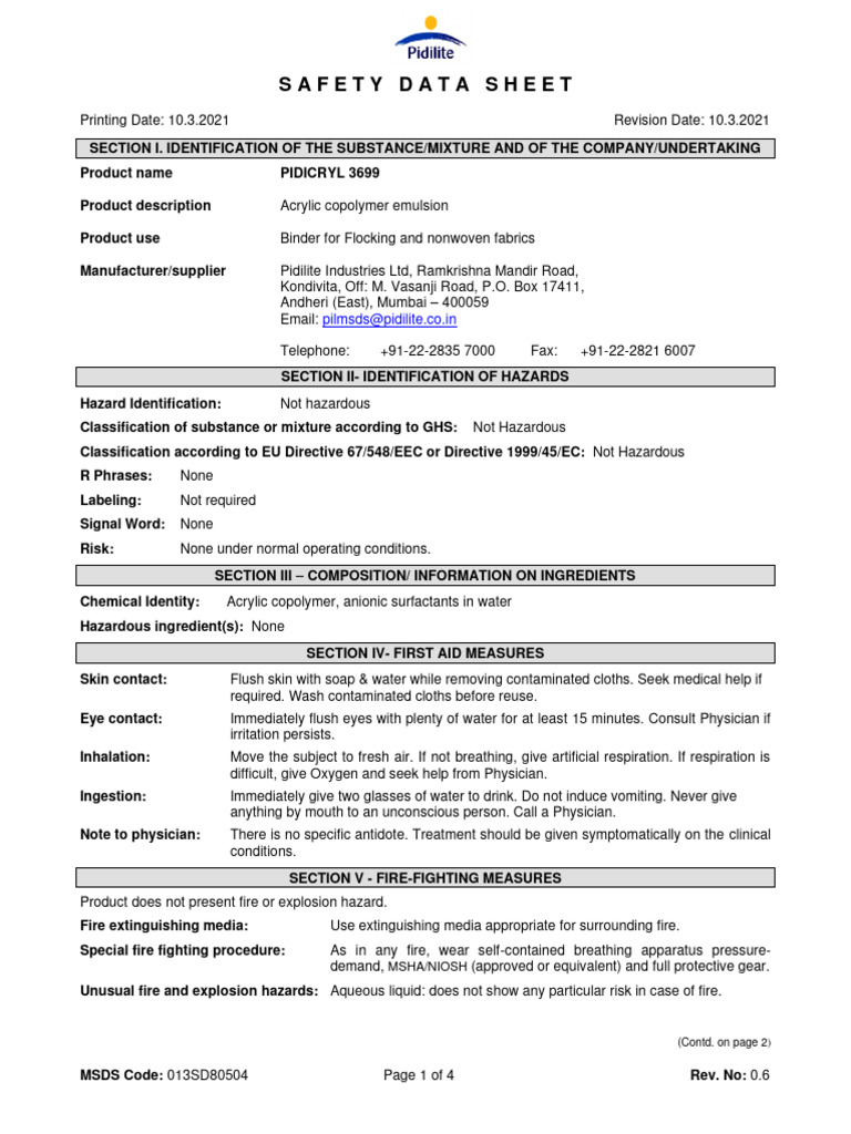 MSDS - Pidicryl 3699 | PDF | Personal Protective Equipment | Water