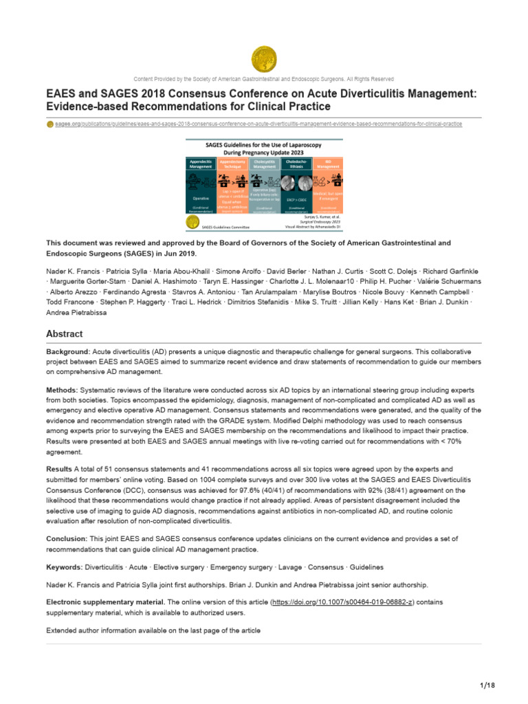 EAES and SAGES 2018 Consensus Conference On Acute Diverticulitis Management Evidencebased ...