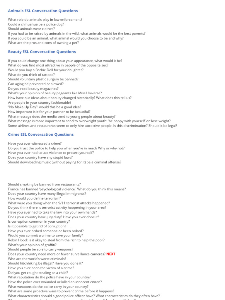 ESL Conversation Questions | PDF