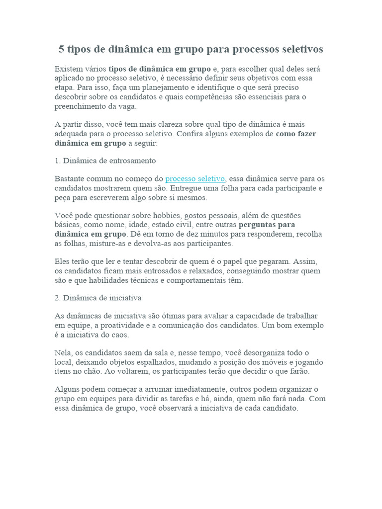 5 Tipos de Dinâmica em Grupo para Processos Seletivos | PDF | Carreira e Crescimento