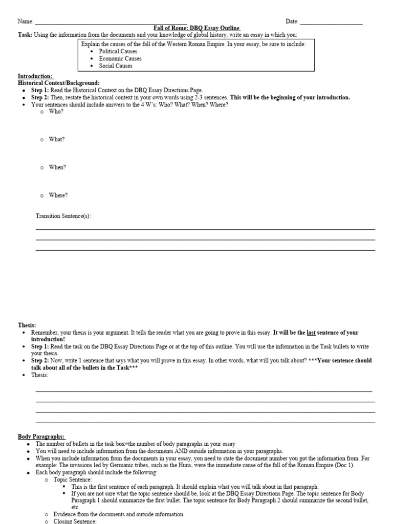 Fall of Rome DBQ Essay Outline - Scaffolded | PDF | Essays | Paragraph