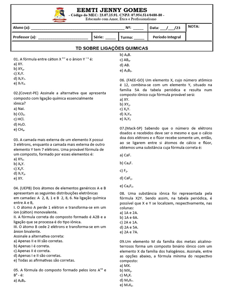 TD JENNY GOMES Ligacoes Quimica | PDF | Ligação química | Ligação iônica