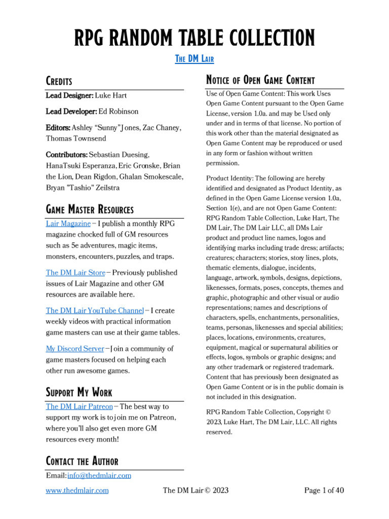 RPG Random Table Collection 1 | PDF