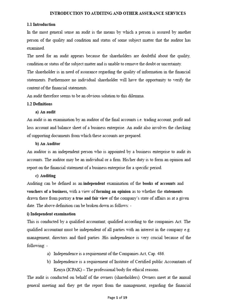 Lesson 1 and 2 - Introduction To Auditing and Other Assurance Services ...