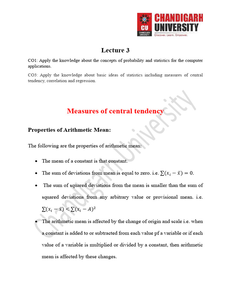 Lecture 3 (Measure of Central Tendency-Median) | PDF | Mean | Statistics