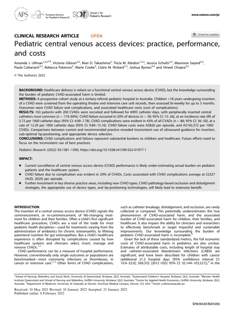 Pediatric Central Venous Access Devices: Practice, Performance, and ...