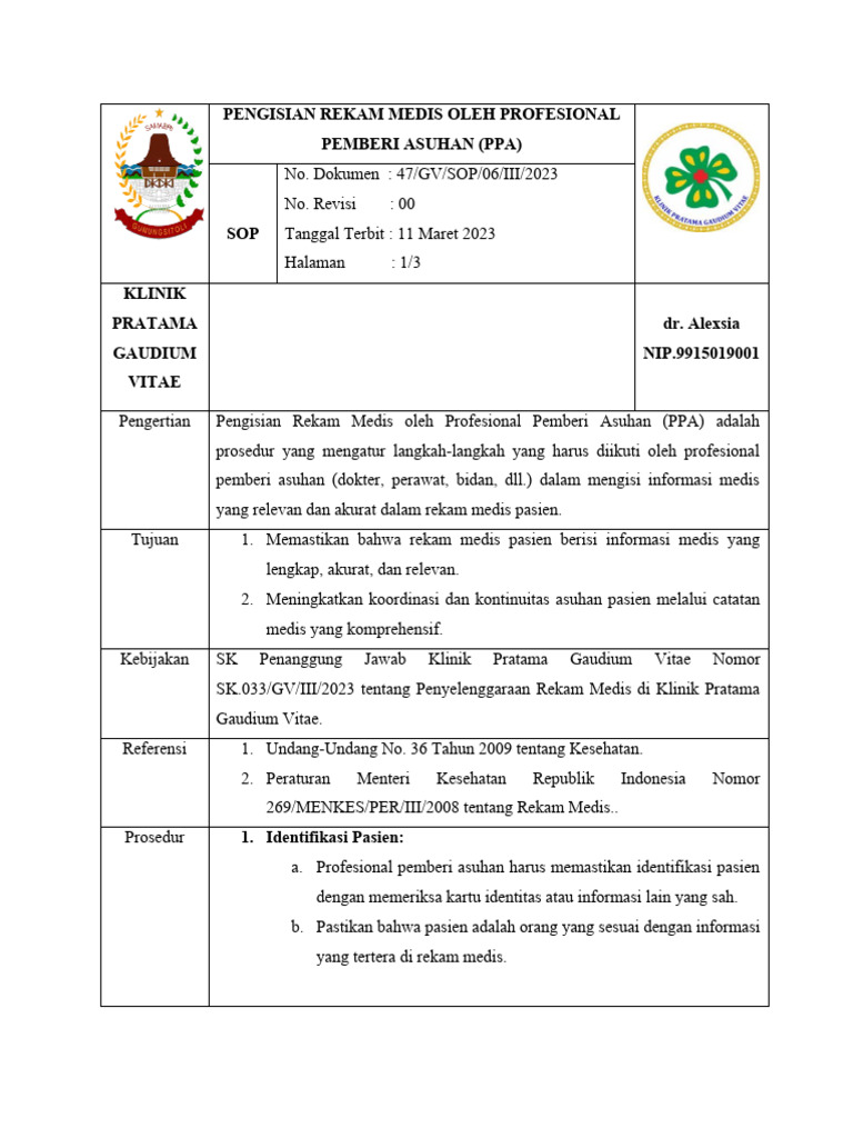SOP Pengisian Rekam Medis PPA | PDF | Sains & Matematika