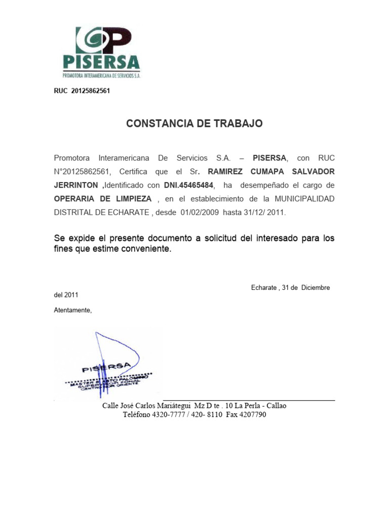 Certificado de Trabajo Salvador | PDF | Hogar, jardinería y bricolaje