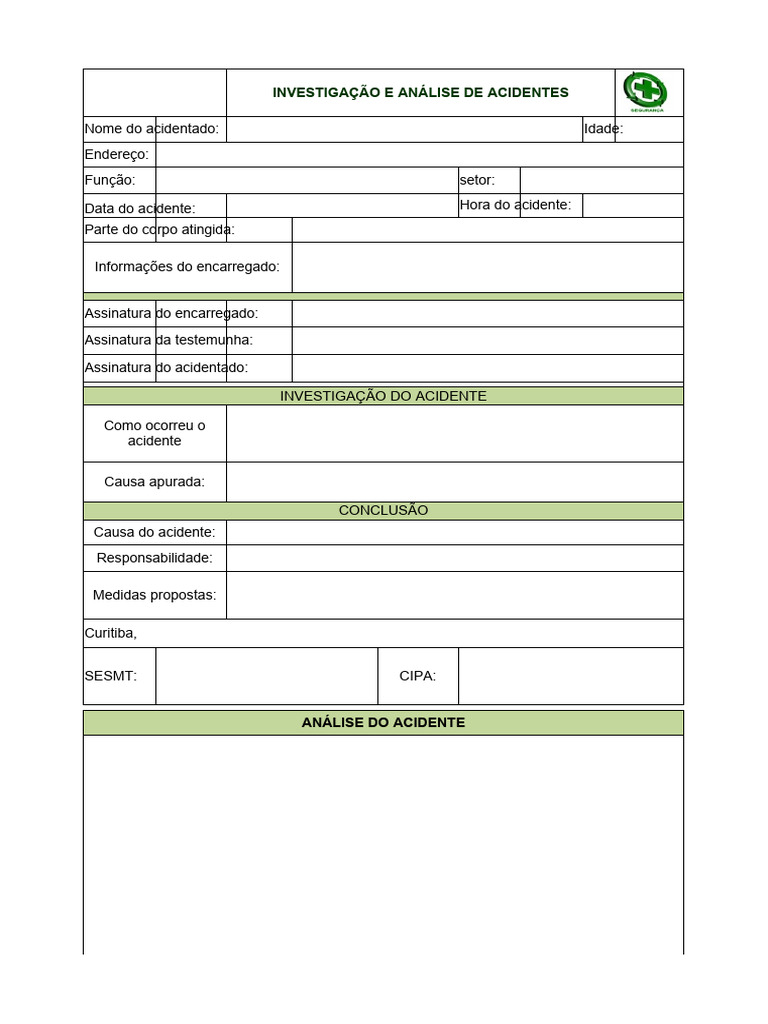 Modelo de Ficha de Investigação de Acidentes | PDF Modelo de Ficha de Investigação de Acidentes | PDF