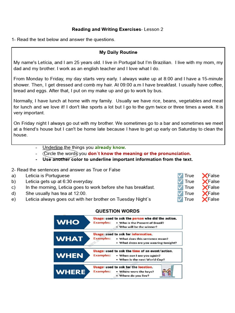 Lesson 2 - Daily Routine - Reading and Writing | PDF | Self-Improvement