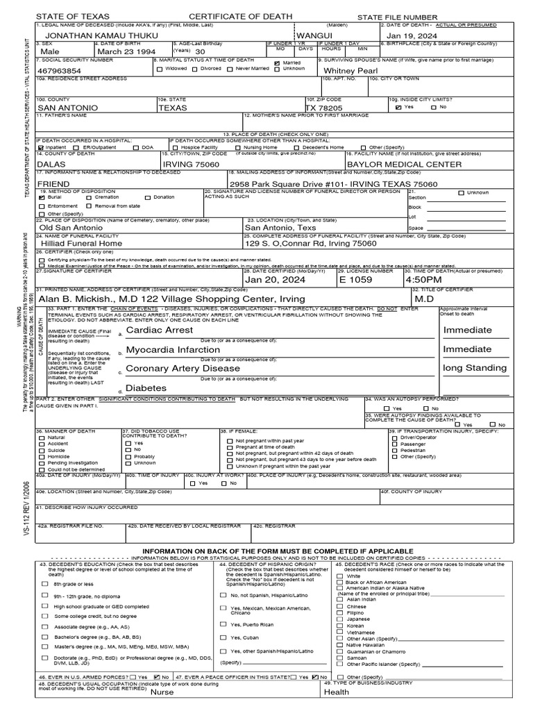 Texas Death Certificate Example | PDF | Race And Ethnicity In The ...