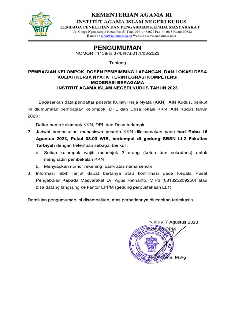 Pengumuman Kelompok KKN 2023 | PDF