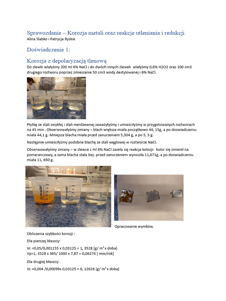 Sprawozdanie NR 3 - Korozja Metali Oraz Reakcje Utleniania I Redukcji | PDF