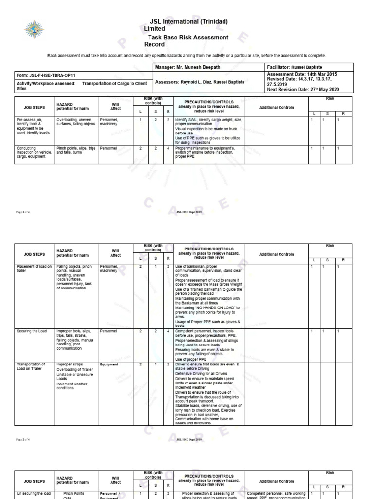 HSE-TBRA-OP11 - Transportation of Cargo To Client Site Rev2 | PDF ...