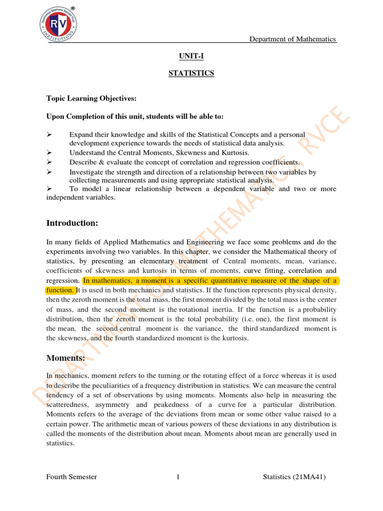 Unit 1 Statistics - 21MA41 | PDF | Skewness | Statistical Theory