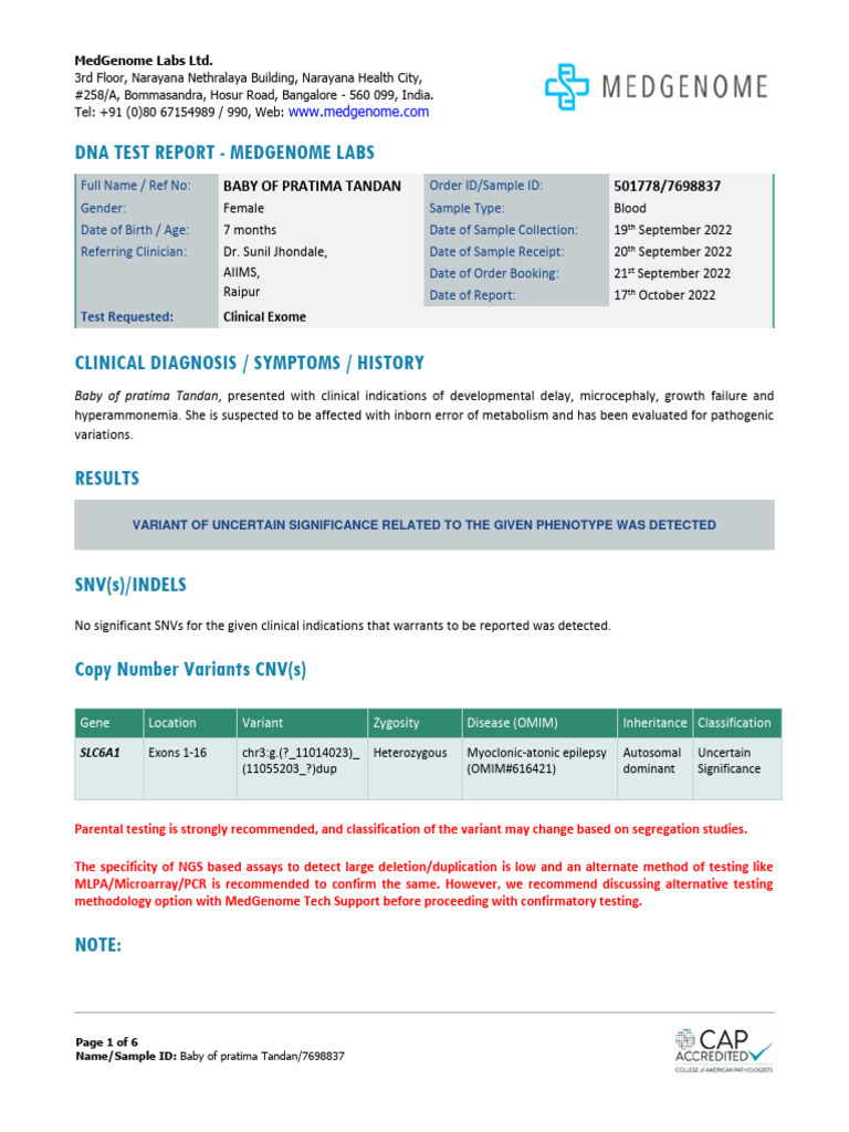 MedGenome DNA Test Report for Baby Tandan | PDF | Dna Sequencing | Gene