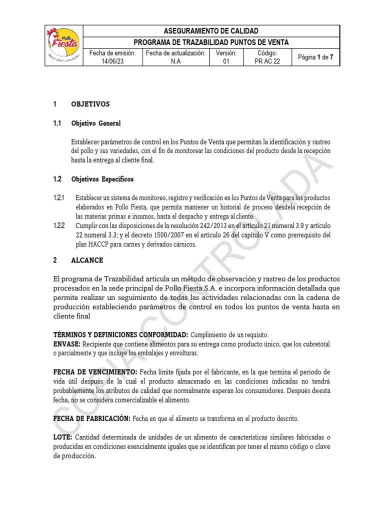22 Programa de Trazabilidad Puntos de Venta | PDF | Alimentos | Análisis de Riesgo y Puntos ...