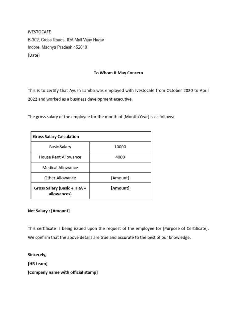 Salary Certficate Format by RazorpayX Payroll | PDF