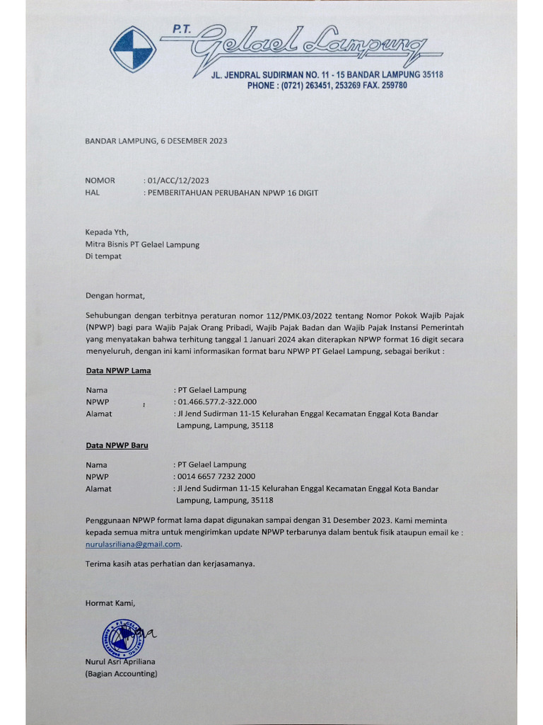NPWP Gelael Bandar Lampung | PDF
