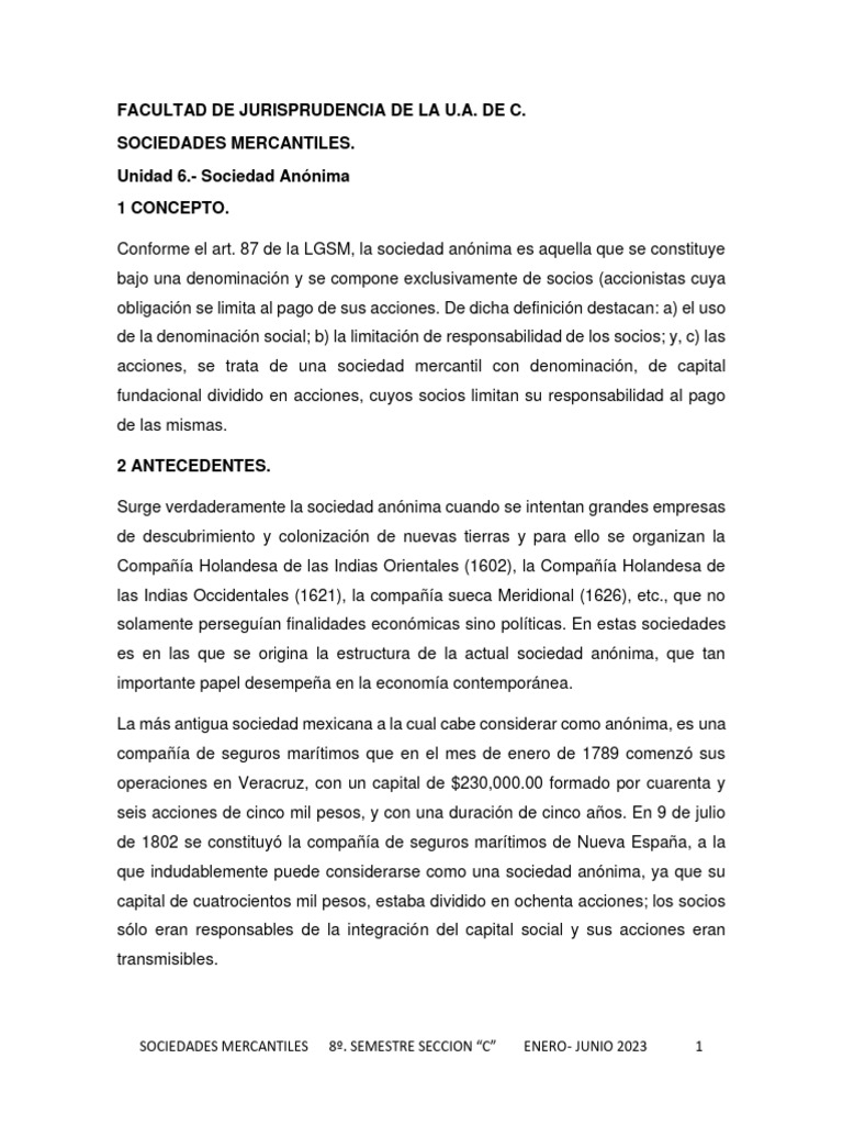 Unidad 6 Sociedad Anonima | PDF | Compartir (Finanzas) | Sociedad de responsabilidad limitada