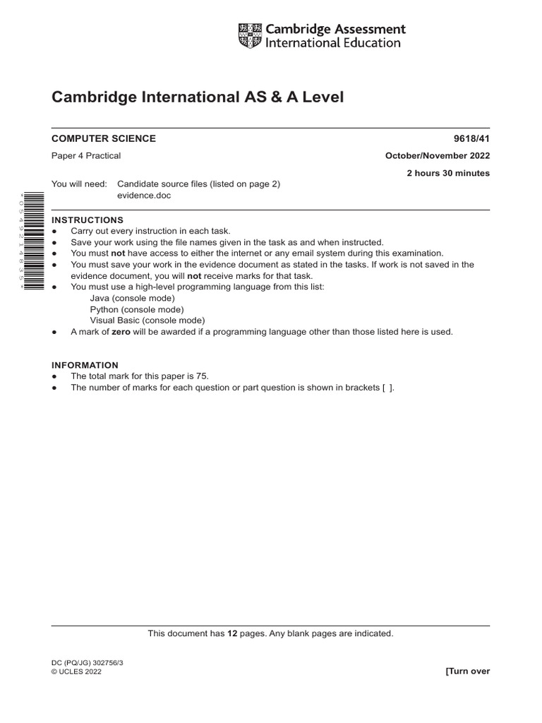 Cambridge International AS & A Level: Computer Science 9618/41 | PDF | Constructor (Object ...