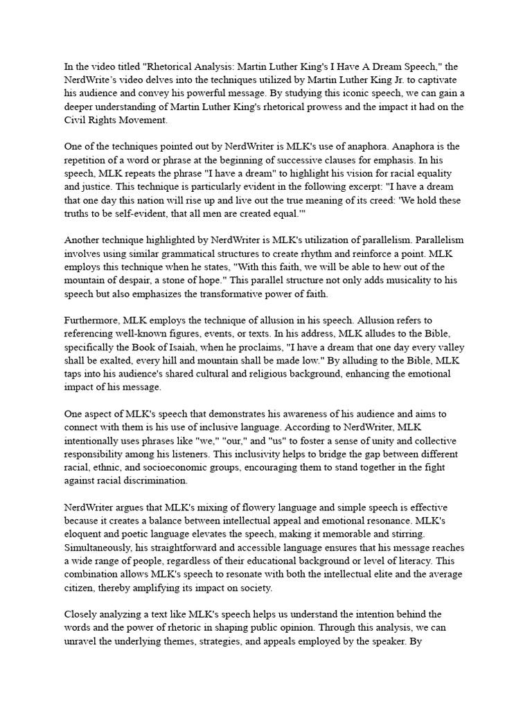 Rhetorical Analysis of "I Have A Dream" by NerdWriter (Assignment) | PDF
