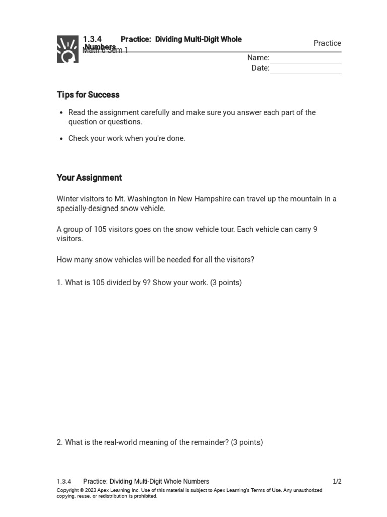 1.3.4 Practice - Dividing Multi-Digit Whole Numbers (Practice) | PDF