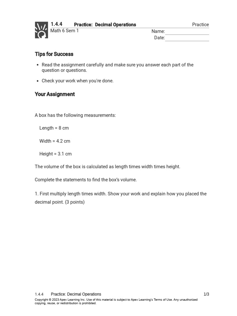 1.4.4 Practice - Decimal Operations (Practice) | PDF