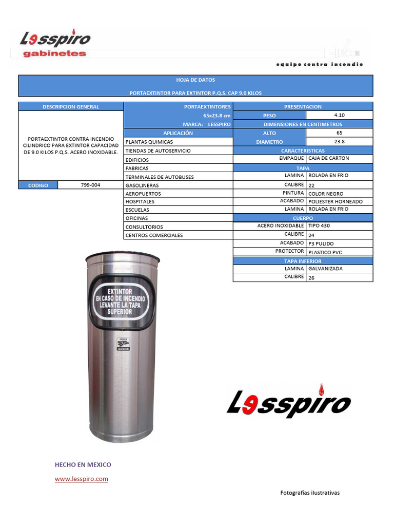 FICHA TÉCNICA Portaextintor Acero Inoxidable Lesspiro 799-004 | PDF | Ingeniería de Edificación ...