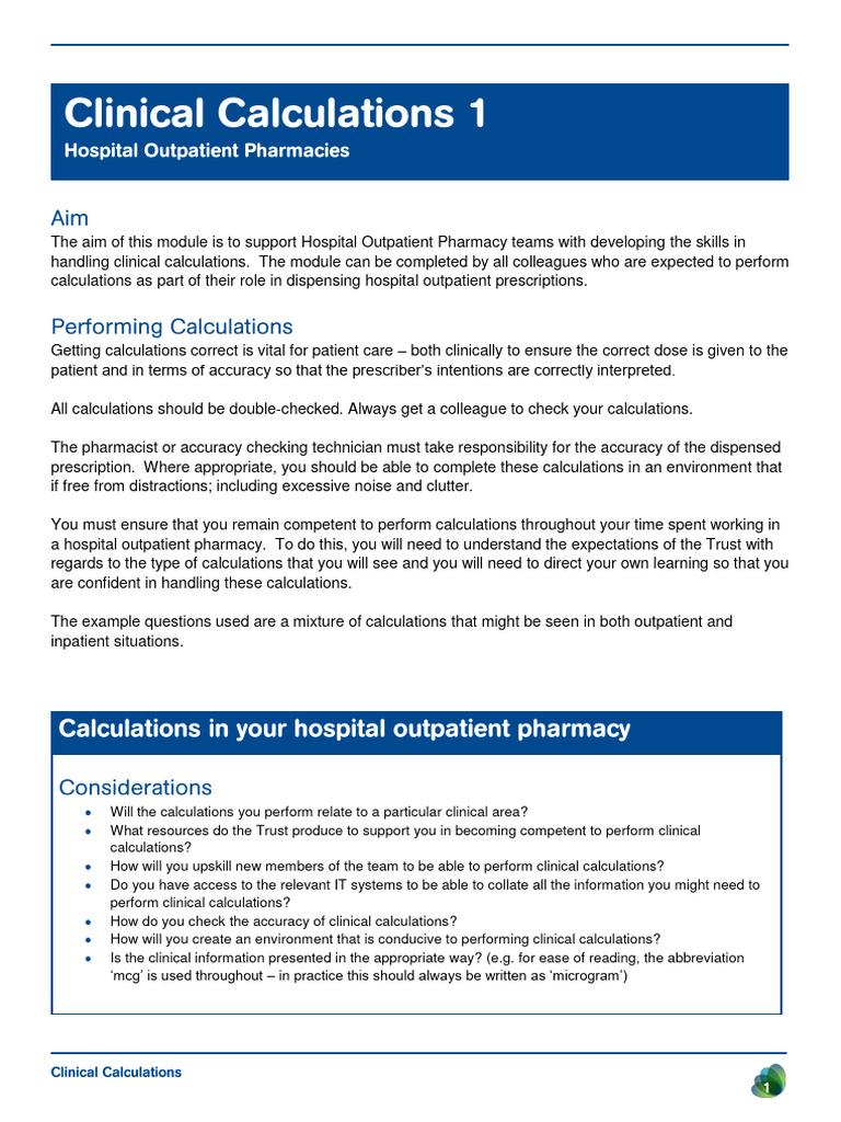 Clinical Calculations 1 | PDF | Creatinine | Pharmacist