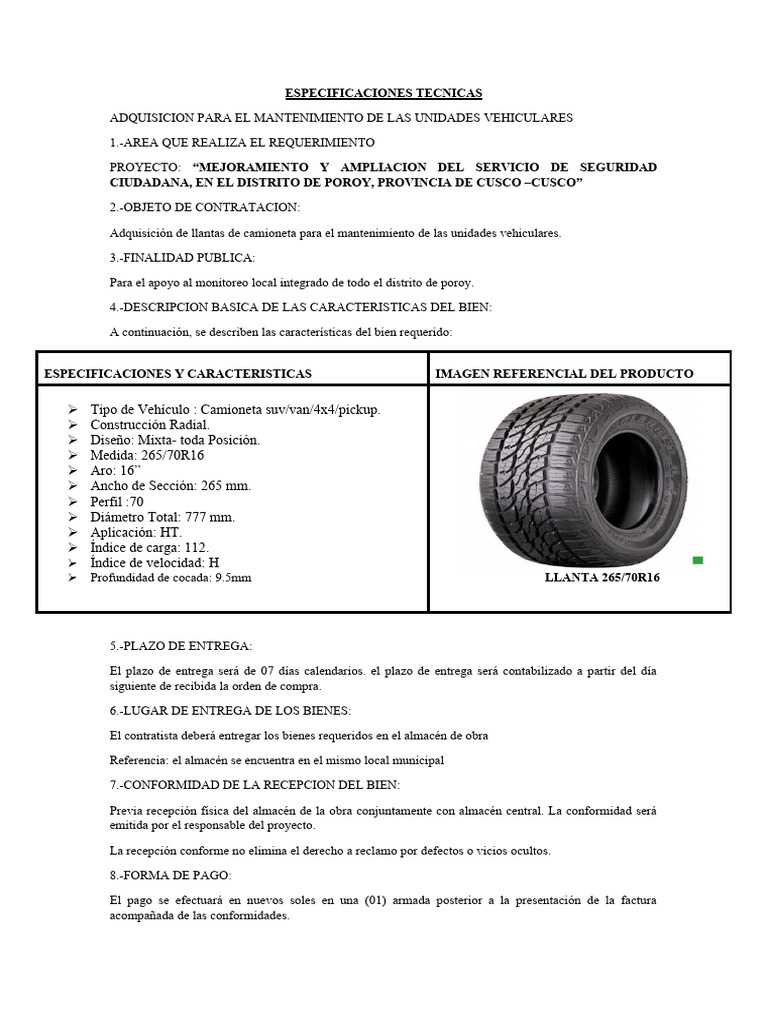 Especificaciones Tecnicas Llantas | PDF