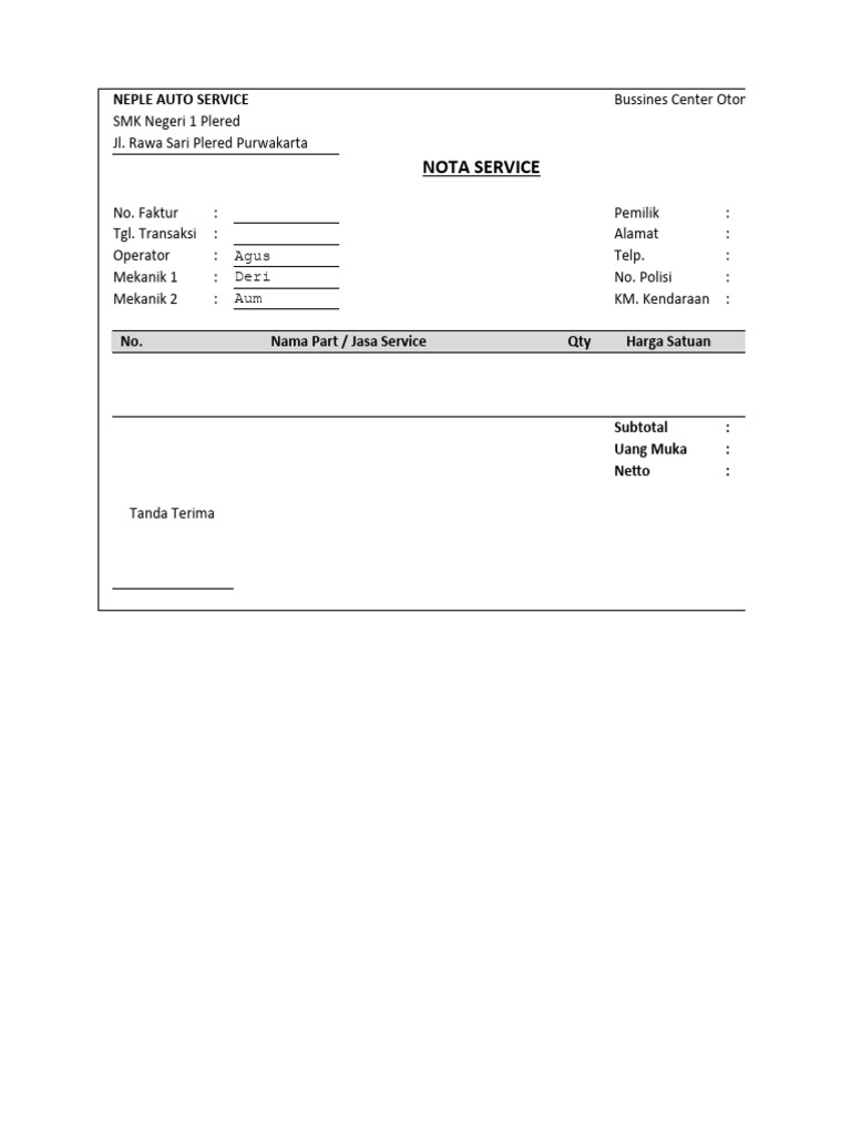 Note service bengkel | PDF