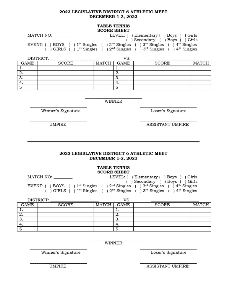 Score Sheet Athletic Meet Table Tennis | PDF | Sports
