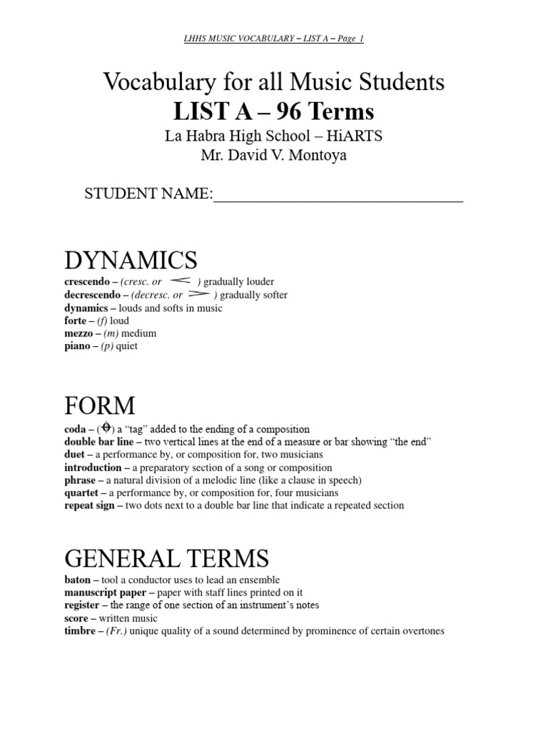 Lhhs Music Vocabulary List A | PDF | Clef | Tempo